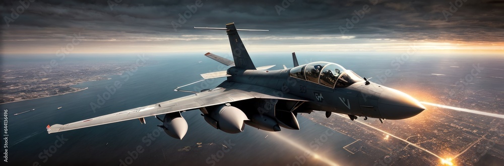 Military airplane fighter jet aircraft flying high above cloudscape ...