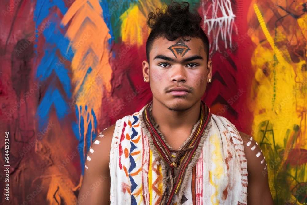 portrait of a young indigenous man standing against a wall drawn with ...