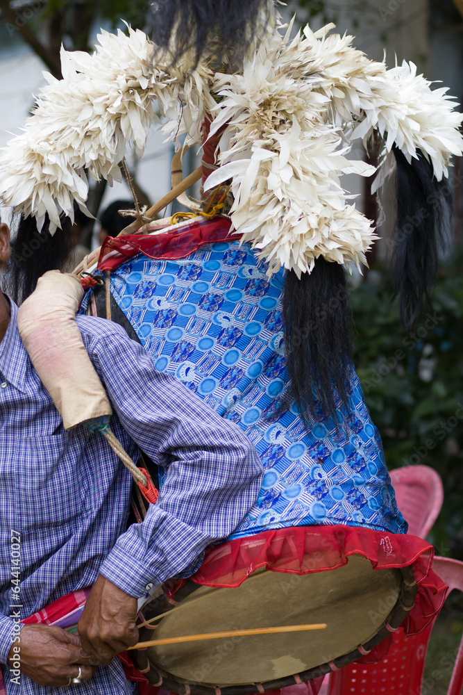 dhak or bengali drum being played during durga puja festival. It is a ...