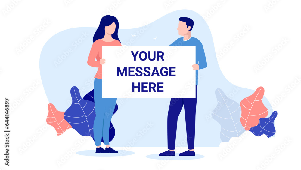 Two people holding poster - Vector illustration of man and woman with ...