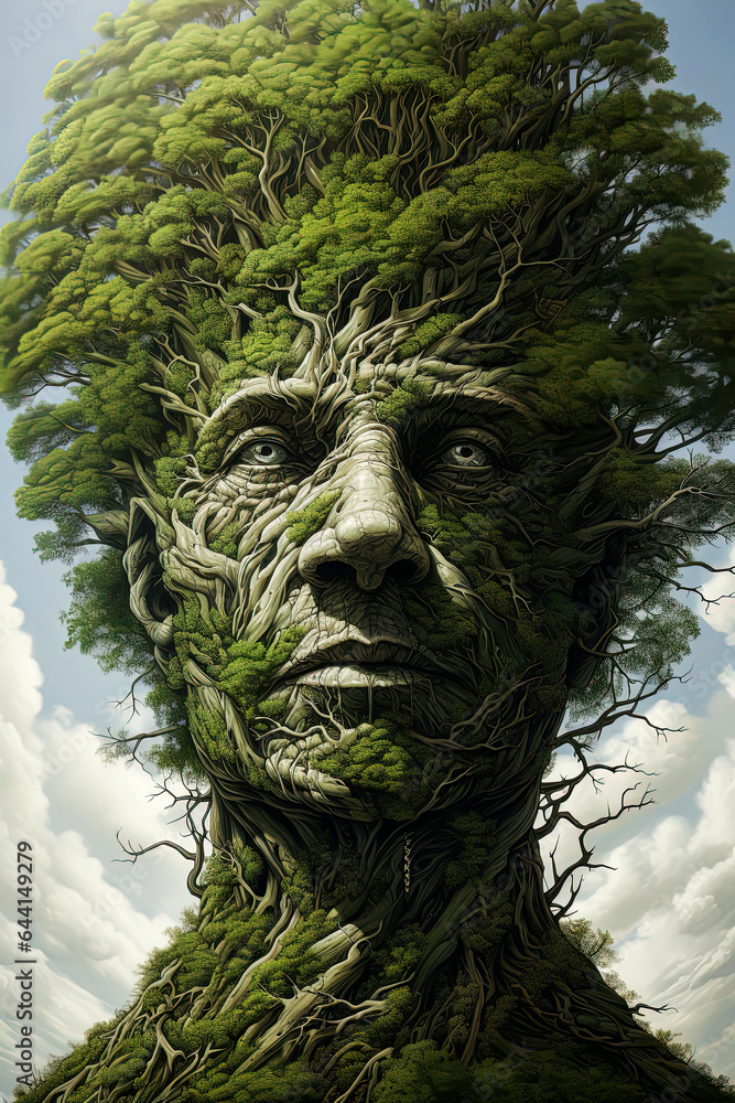 Generative AI illustration of man in front of a big tree, sustainable ...