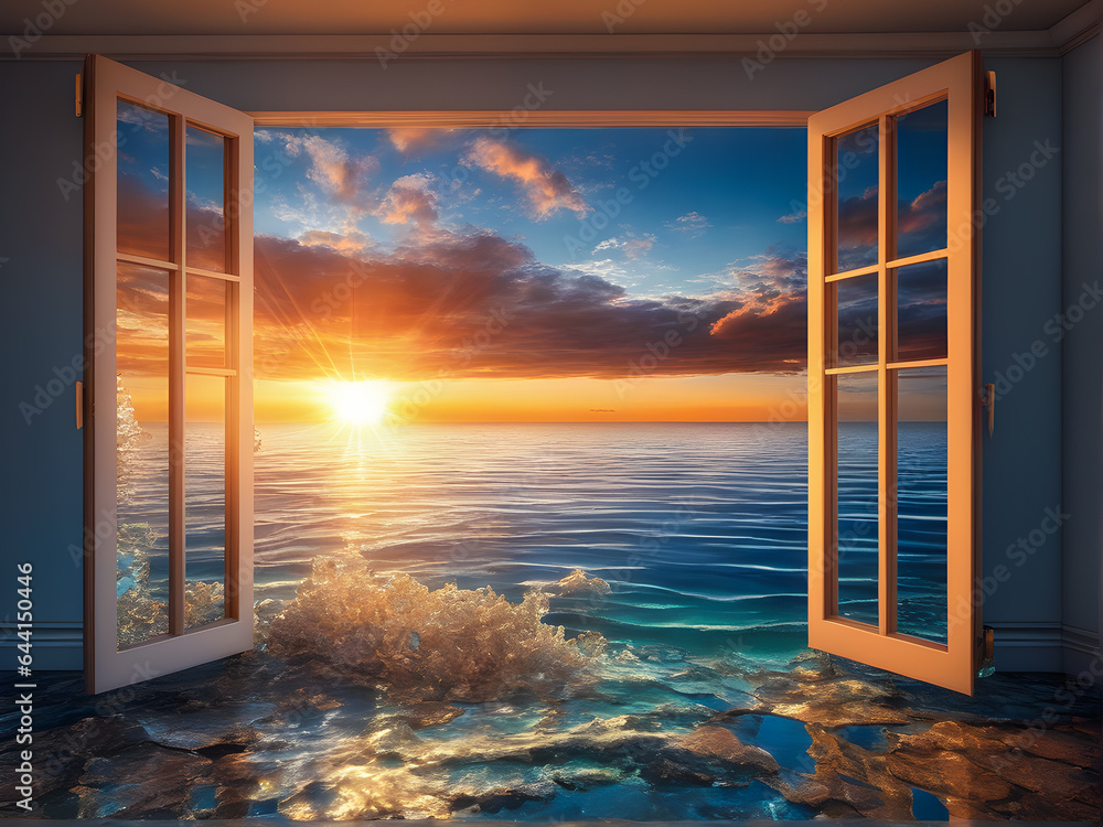 ocean invading the room through the window, Hobbies and leisure concept ...