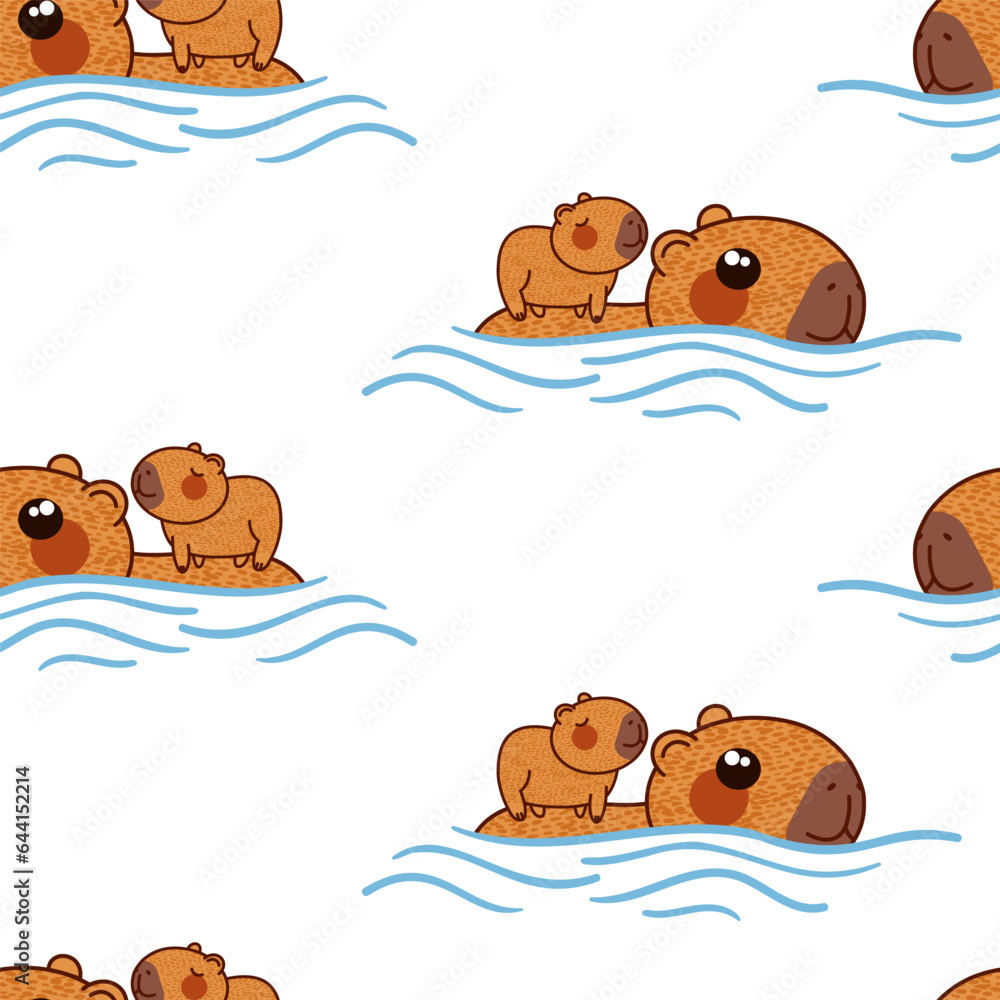 Cute capybaras swimming in water seamless pattern. Baby capybara on top ...