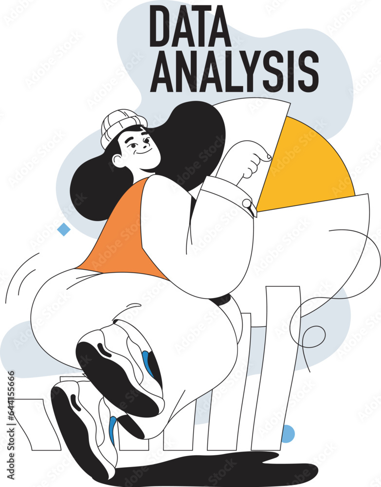 Data analysis concept with people scene in flat line design for web ...