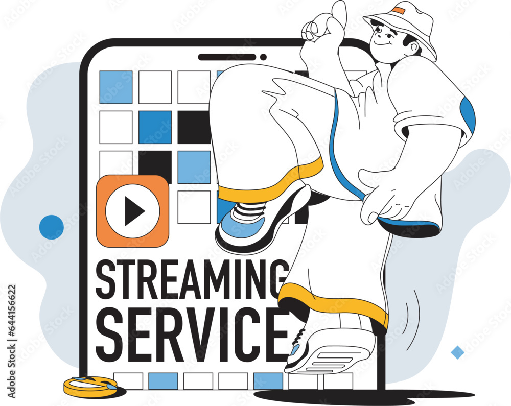 Streaming service concept with people scene in flat line design for web ...