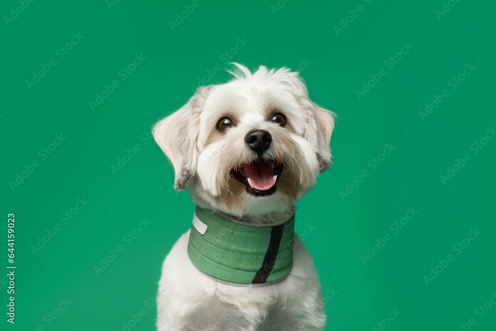 Group portrait photography of a happy havanese dog wearing a bandage ...