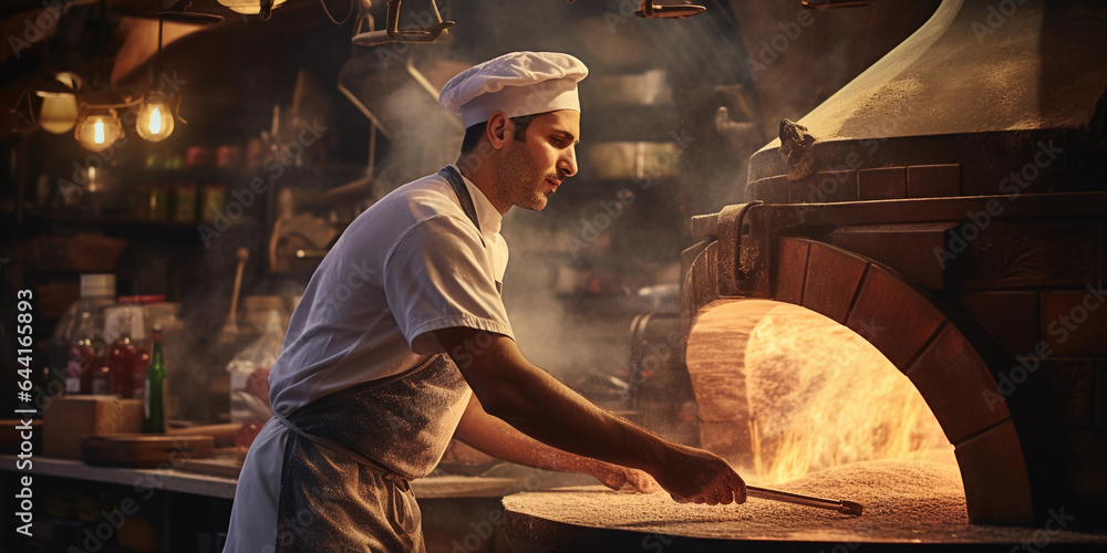 chef in a bustling Italian pizzeria, tossing pizza dough in the air ...