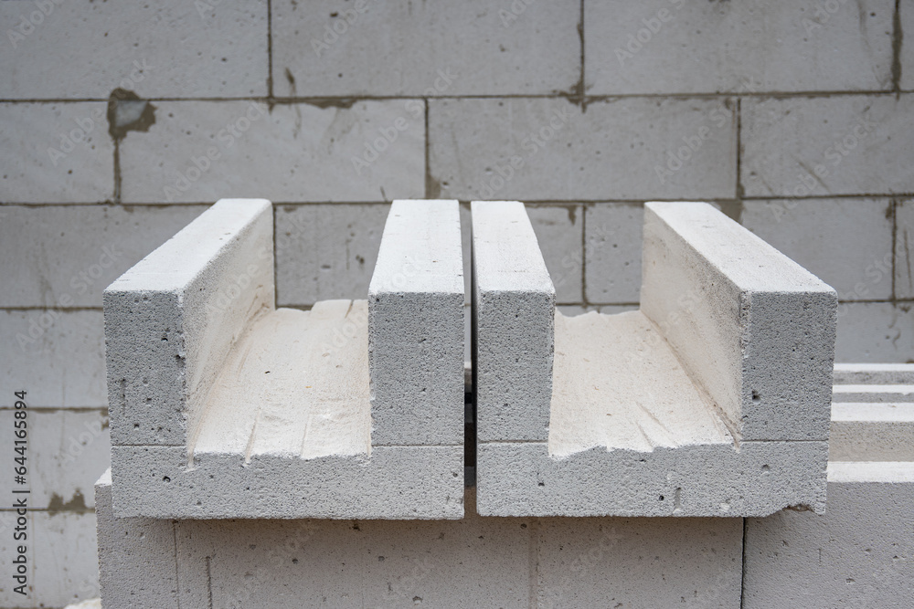 Close-up of a block of aerated concrete, a block for an armored belt ...