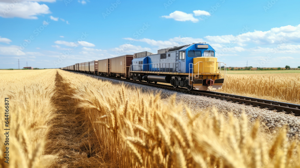 Railway train with wagons during the transportation of wheat and grain ...