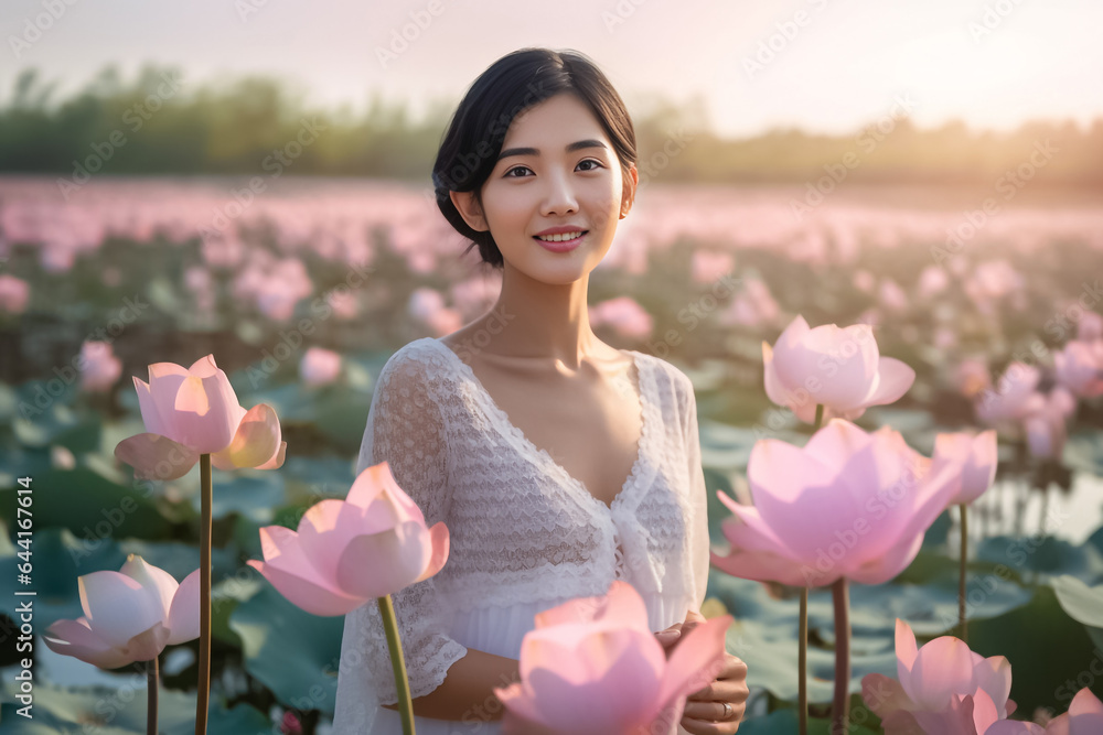 Portrait of beautiful woman wearing rose dress closed eye floating in ...