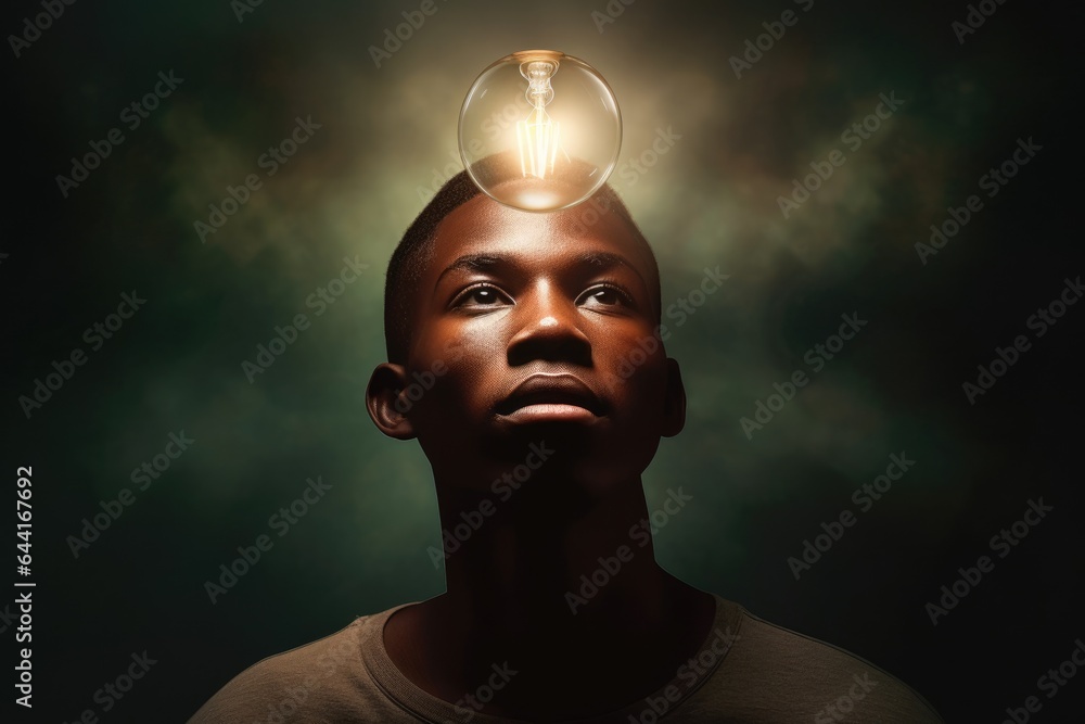bright light bulb floating above of young african man's head. beautiful ...