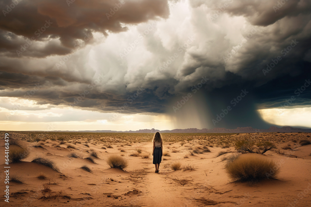 Surreal futuristic 3d picture back view of young girl alone egypt ...