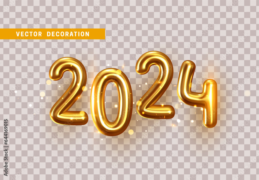 Happy New Year 2024. Golden metal numbers. Realistic 3d render signs. Luminous bright splash of ...