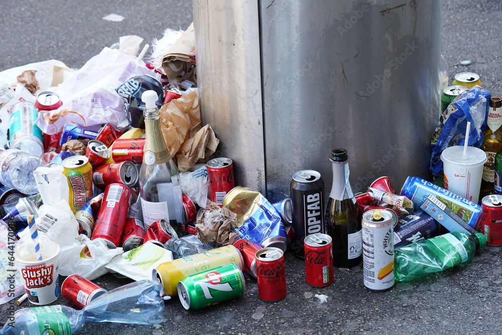 Zurich, Switzerland, 08 12 2023, Food and empty bottle garbage in and ...