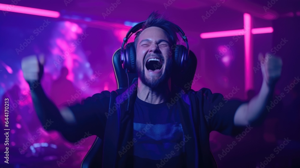 Professional eSports gamer rejoices celebration in the victory game ...