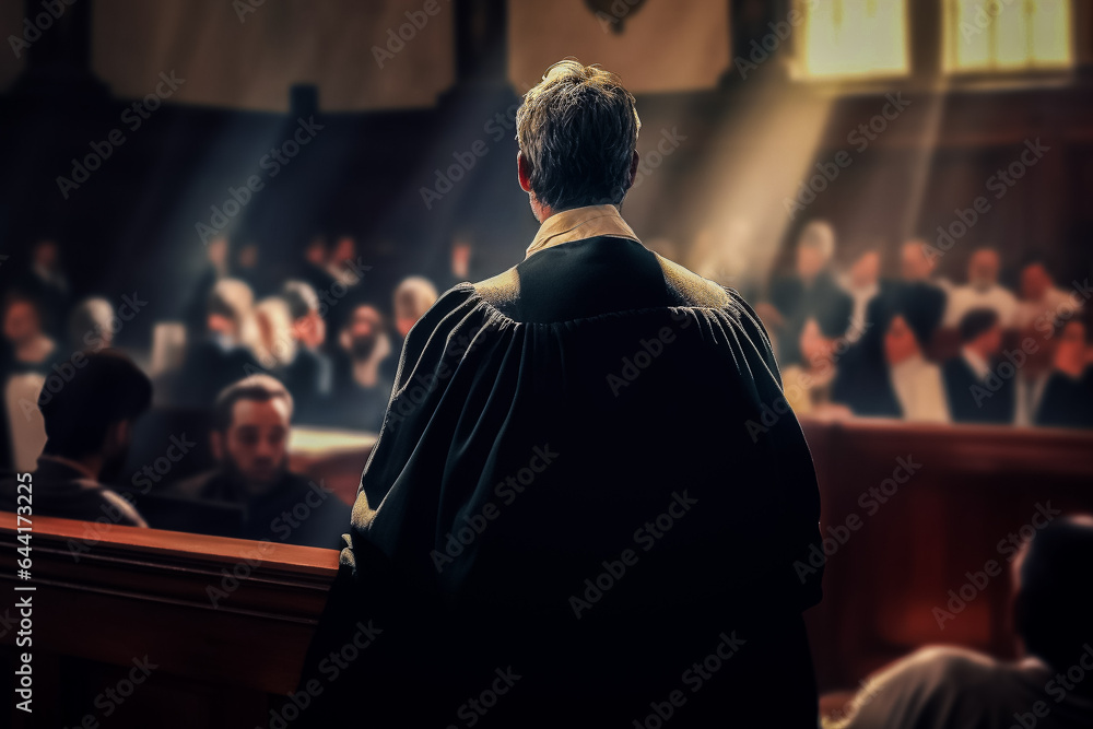 Avocat avec sa robe, vu de dos au tribunal Stock-Foto | Adobe Stock