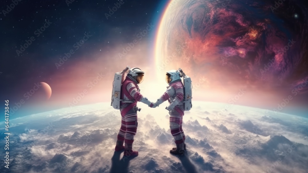 Astronaut couple holding each other's hands on space sky background ...