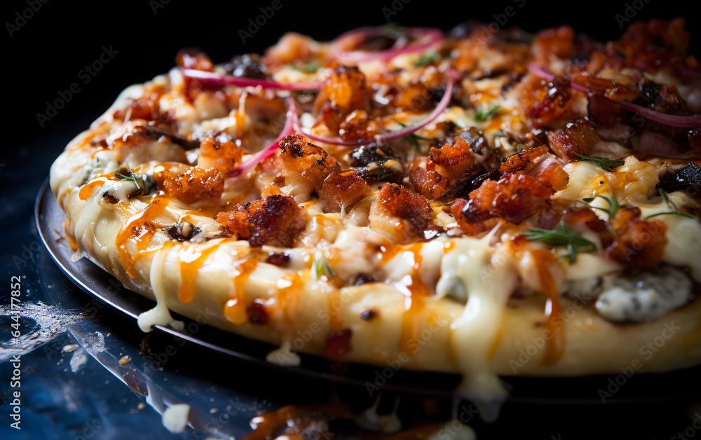 Exotic cuisine of gummy worm pizza with blue cheese. Unconventional ...