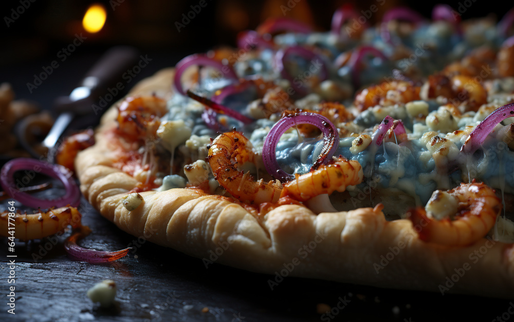 Exotic cuisine of gummy worm pizza with blue cheese. Unconventional ...