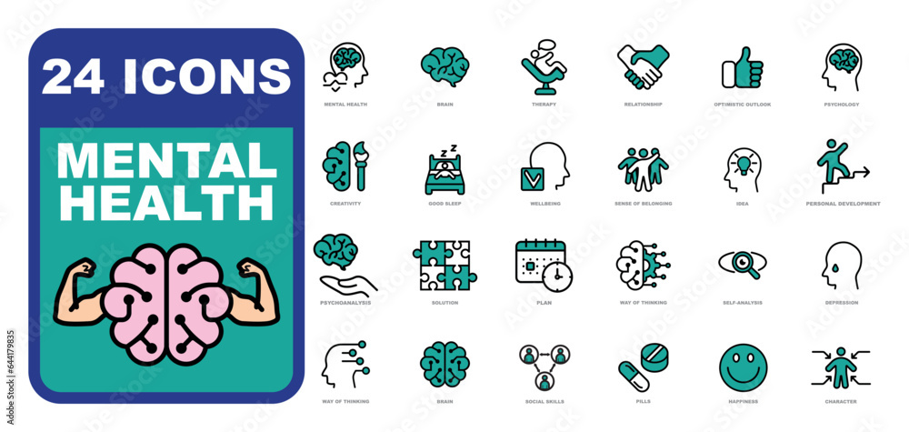 Mental health icon set. Thin outline icons. Mental Health Development ...