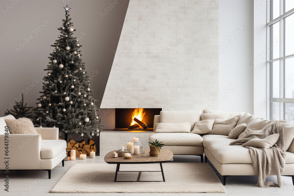 Christmas Home Interior with festive Christmas tree and gift boxes ...