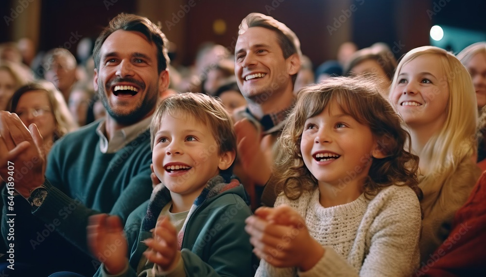 Proud parents watching kids perform in a Christmas play, holiday school ...
