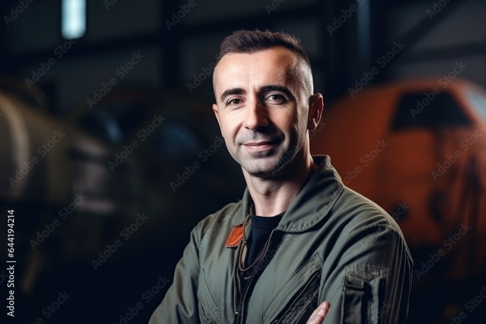 pilot, portrait and smile with a pilot man standing in hangar for ...