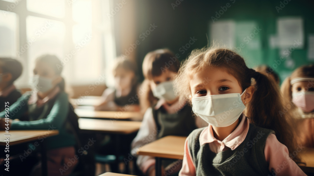 Little Children in Classroom with Face Masks During COVID-19 Pandemic ...