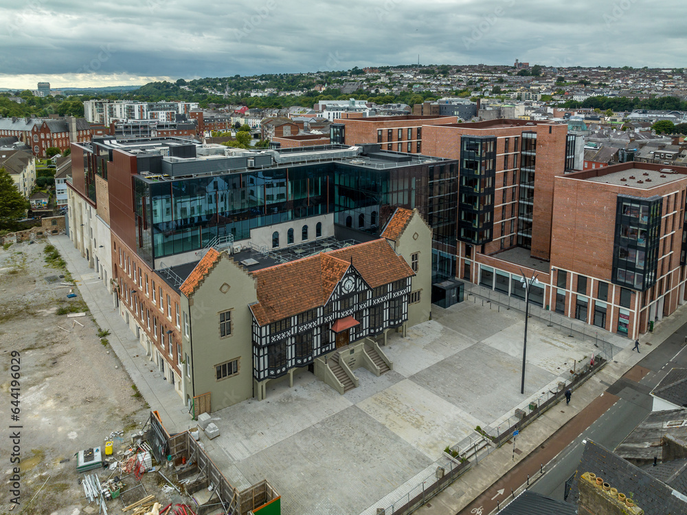 Old versus new, the counting house in Cork built in mock-Tudor style ...