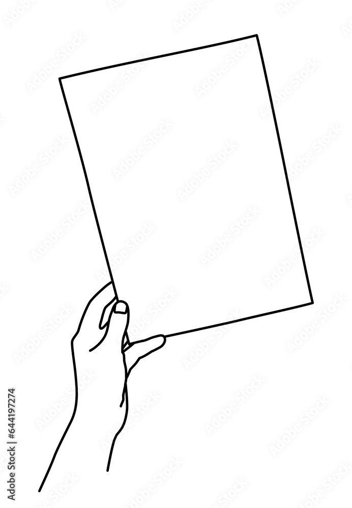 Hand holding A4 paper sheet hand drawn with thin line. Presenting ...