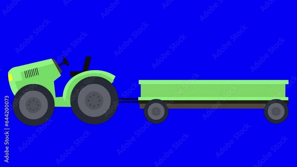 2D cartoon-style green tractor with a trailer moves from left to right ...
