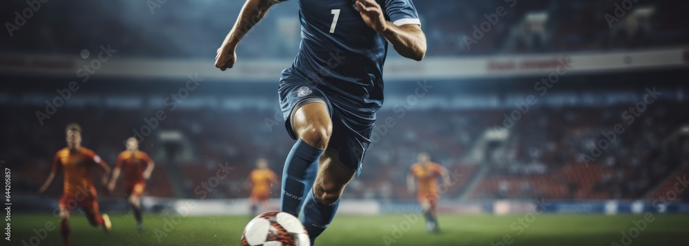 Soccer player in action on the field of stadium. Blurred background ...
