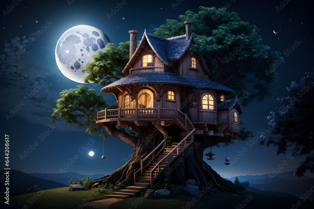 Magical enchanting treehouse, night sky with a full moon and stars ...
