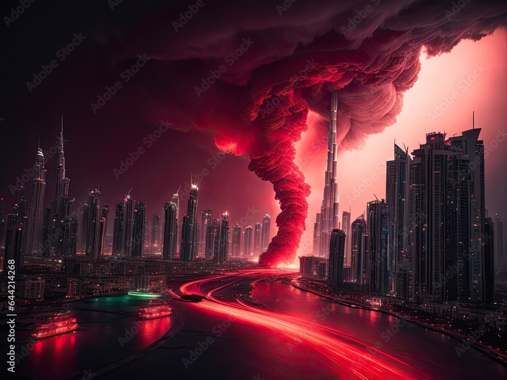 Large Red Dramatic Tornado Cyclone Storm over city Thunderstorm ...
