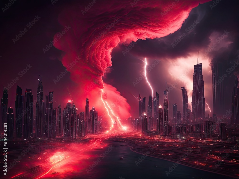 Large Red Dramatic Tornado Cyclone Storm over city Thunderstorm ...