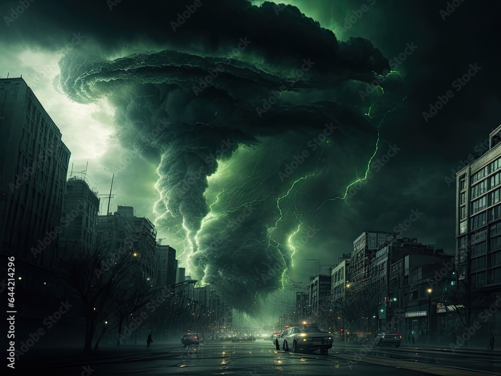 Large Green Dramatic Tornado Cyclone Storm over city Thunderstorm ...