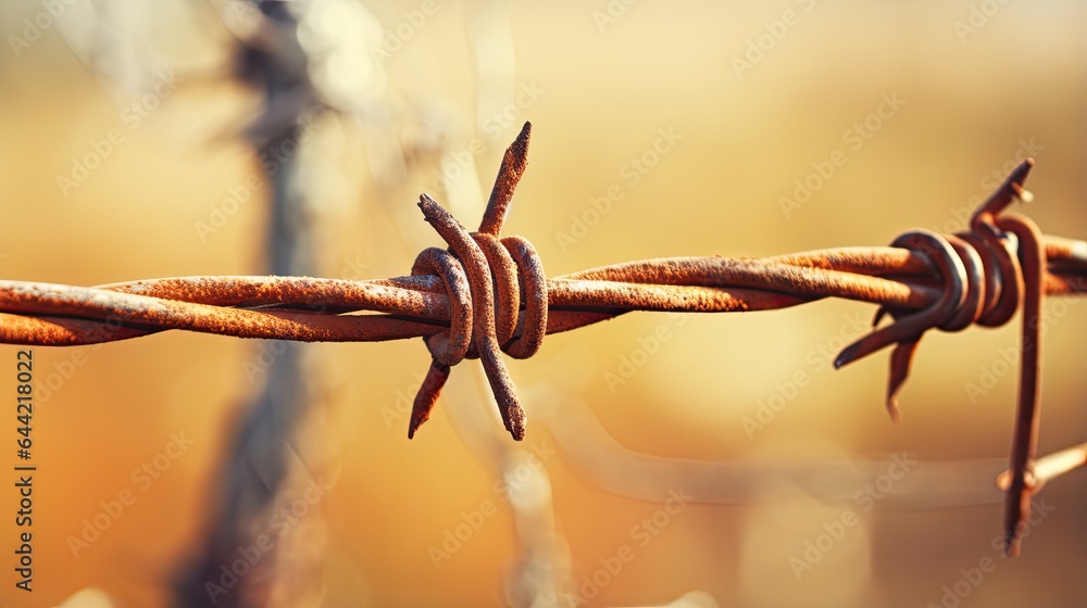 Rusty barbed wire close-up on blurred nature background. Territory ...