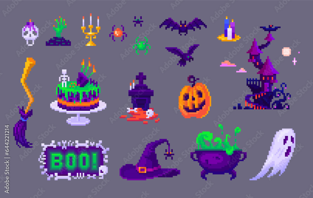 Pixel art Halloween set. Pumpkin, ghost, castle, tomb and other icons ...