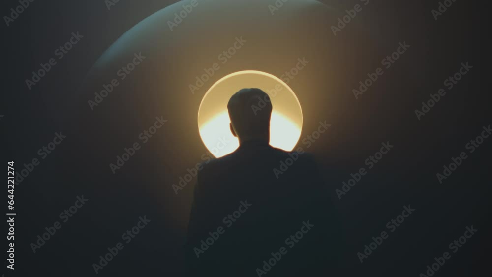 Mysterious man standing in front of a mysterious sphere. Glowing secret ...