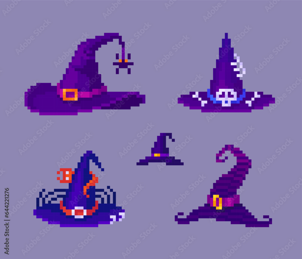 Pixel art witch hats set. Pixelated cartoon elements about Halloween holiday costume, 8 bit ...