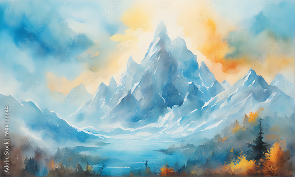cold snow Alpine mountain range with cold mist river in sunrise ...