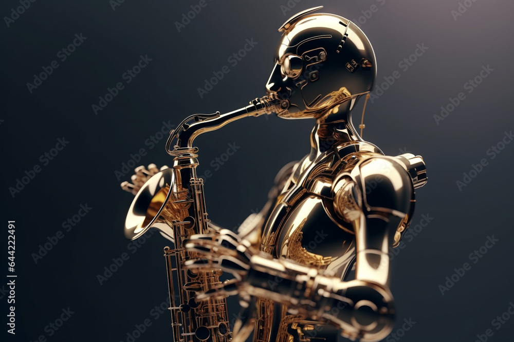 Stained golden metal robot equipped with humanoid brain machine plays ...