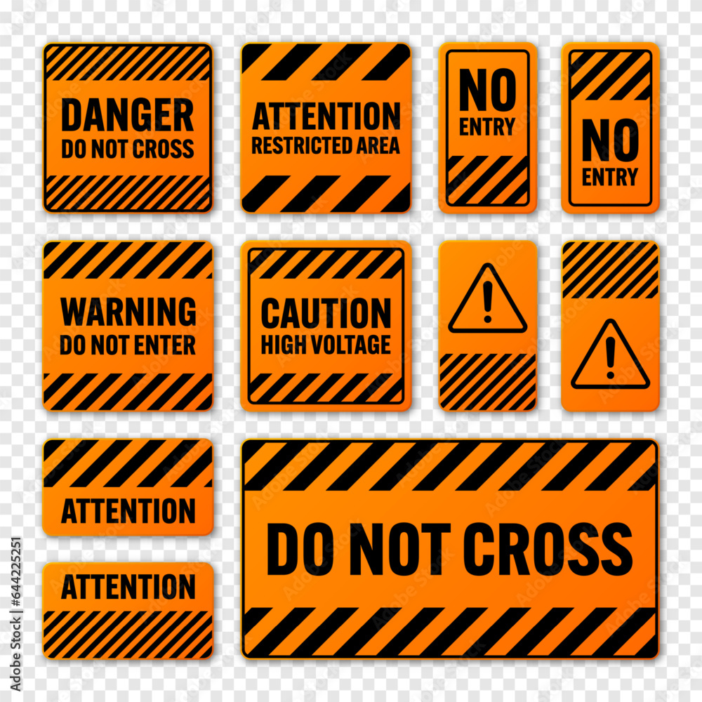 Vetor de Various black and orange warning signs with diagonal lines ...