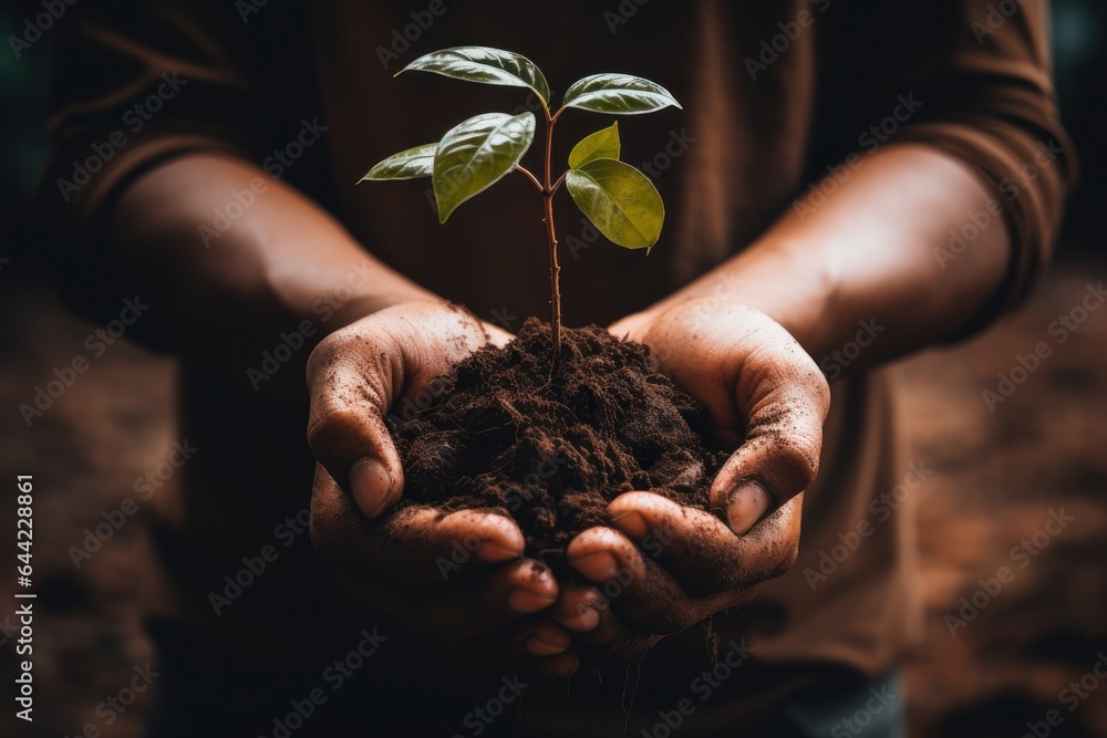 Ecology concept, hands holding plant a tree sapling with on ground ...