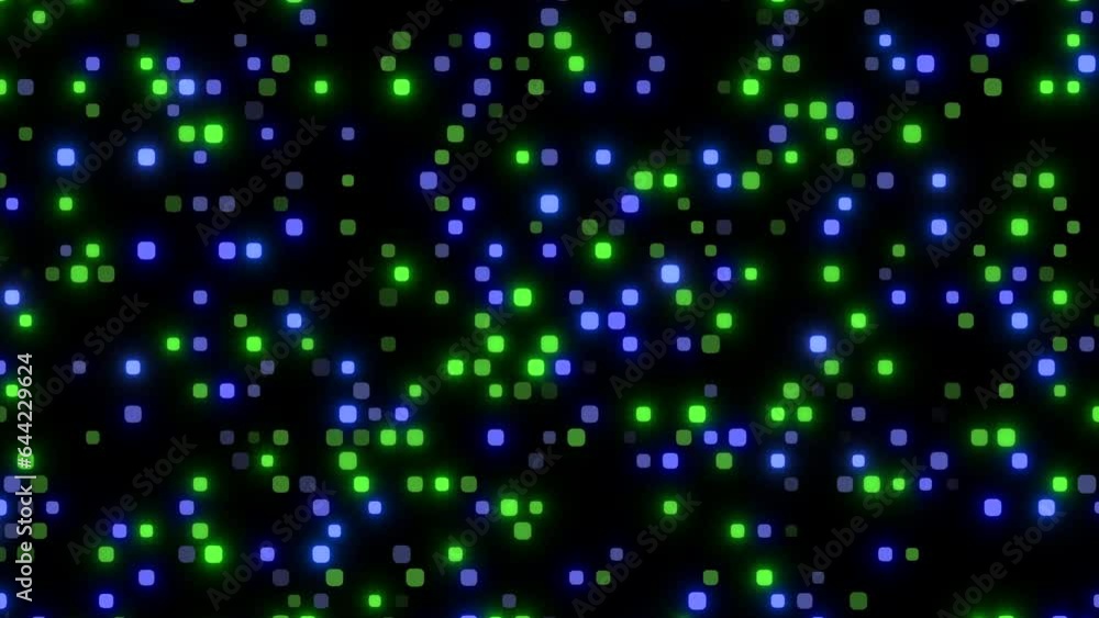 A symmetrical grid of blue and green dots on a black background. Each ...