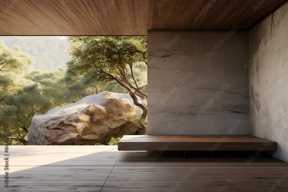 an empty wall with a wooden floor and an overhang, in the style of ...