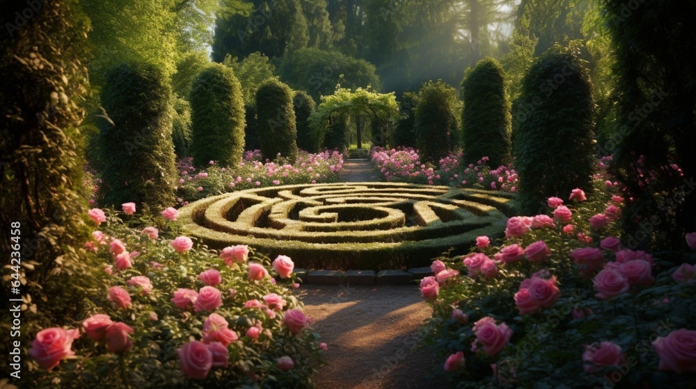 Design a high-resolution image of a garden labyrinth adorned with ...