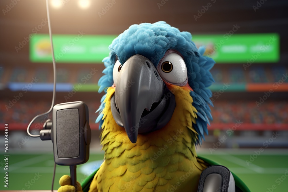 Cartoon parrot with microphone on a soccer stadium background. Parrot ...