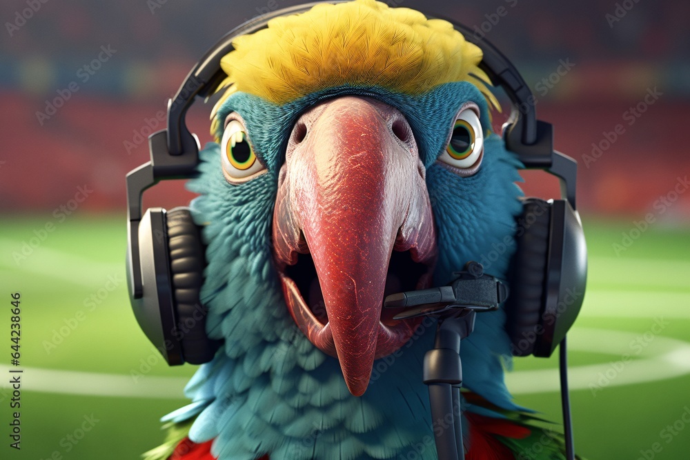 Cartoon parrot with microphone on a soccer stadium background. Parrot ...