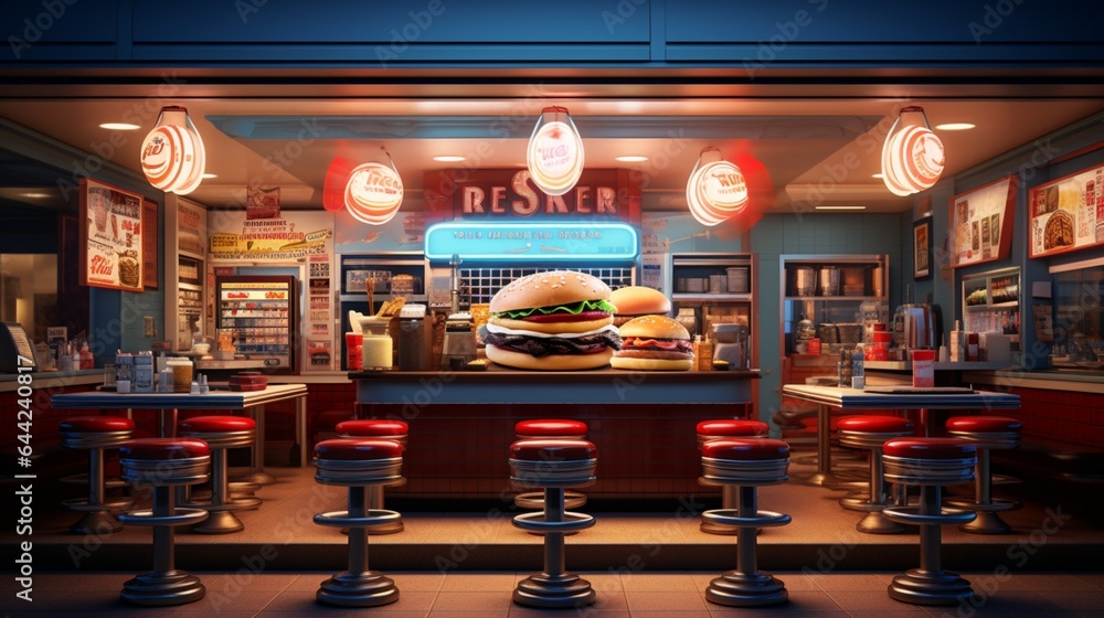 Craft an image that showcases the atmosphere of a retro burger joint ...